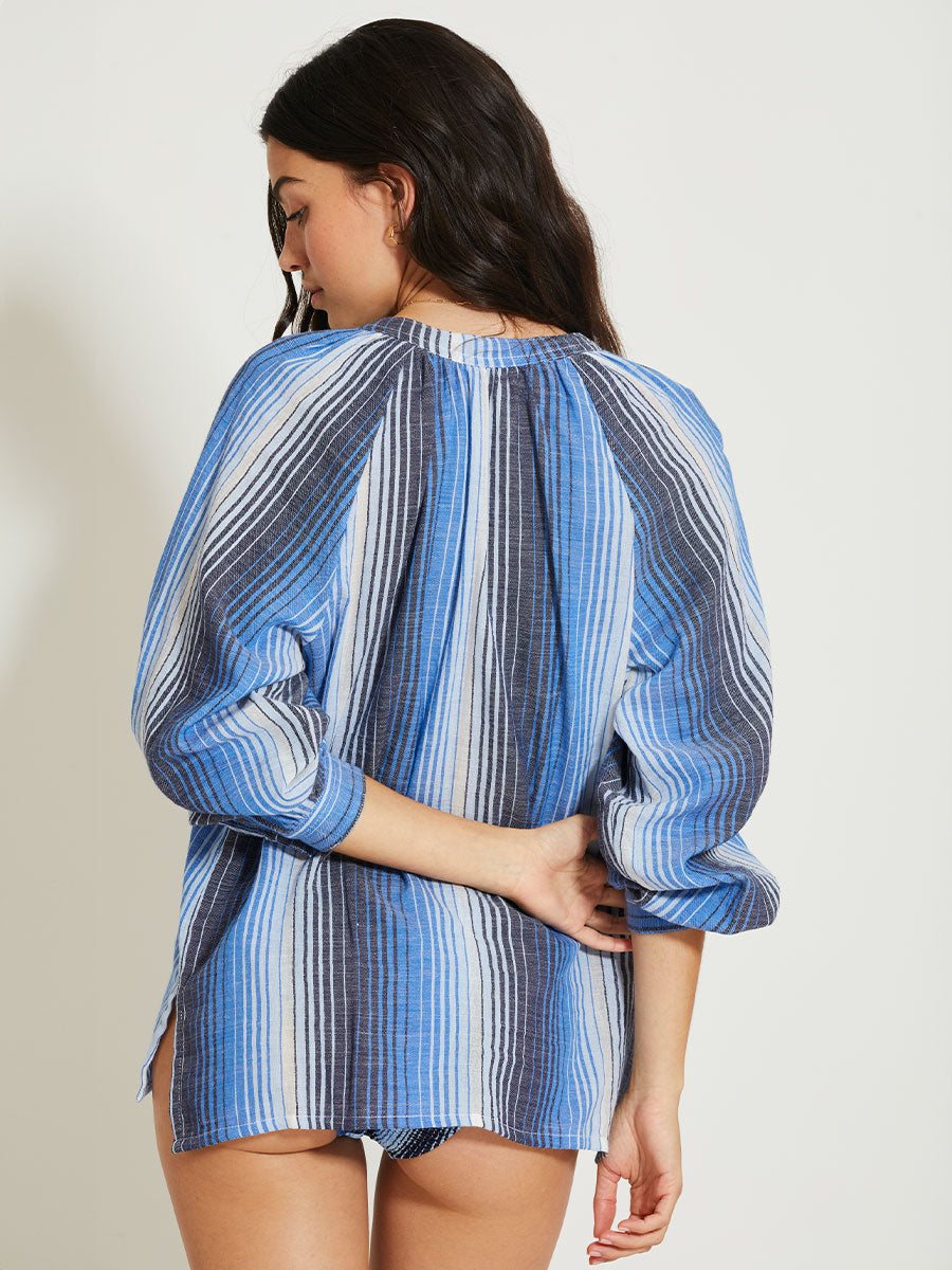 lemlem Women's MITA Button Up Blouse in Feven Blue