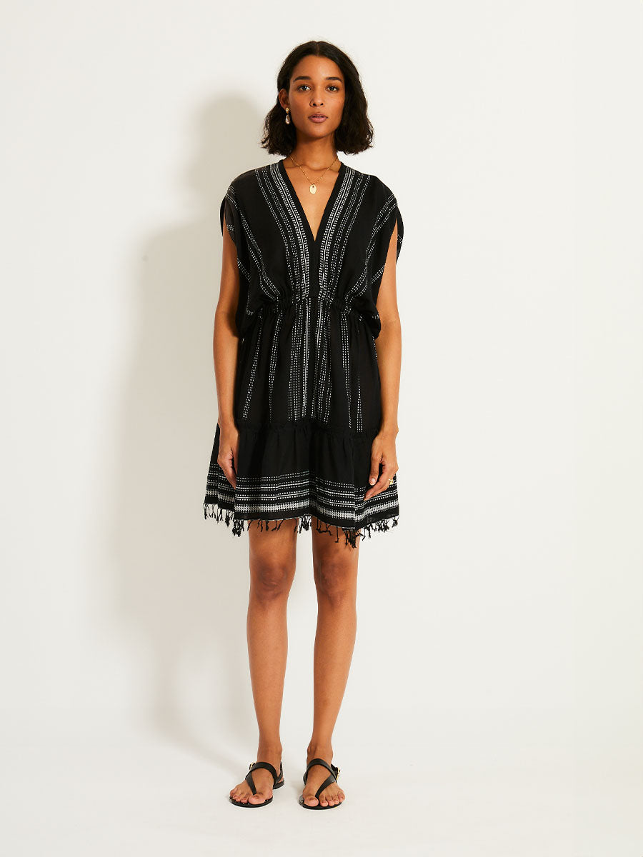 lemlem Women's ALEM Short Plunge Neck Dress in Leliti Black